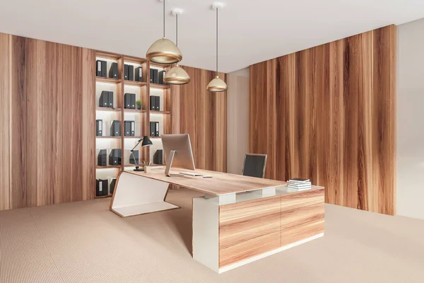 Wooden office manager room interior with table and desktop computer ...