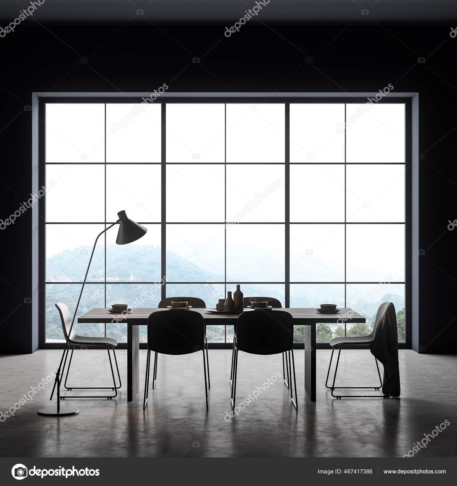 Eating Room Interior Black Chairs Wooden Table Dishes Lamps Panoramic ...