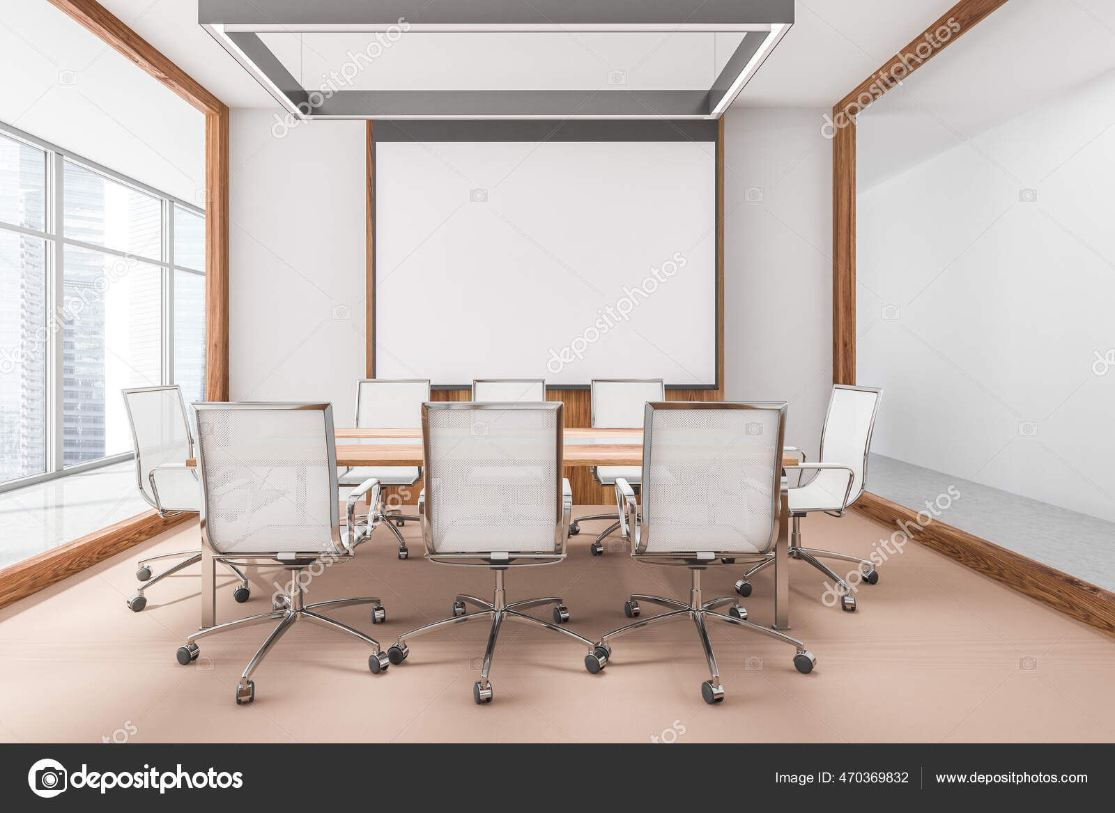 Light Conference Room Interior White Armchairs Table Beige Floor Office ...