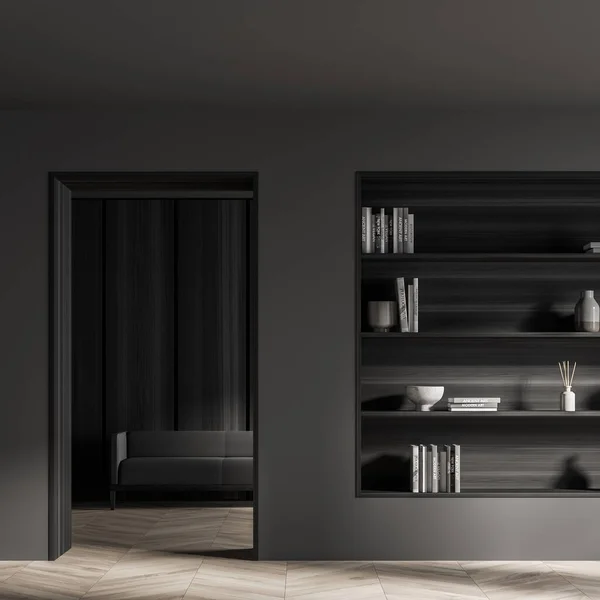 Grey living room interior with seat and bookshelf rack with books and ...