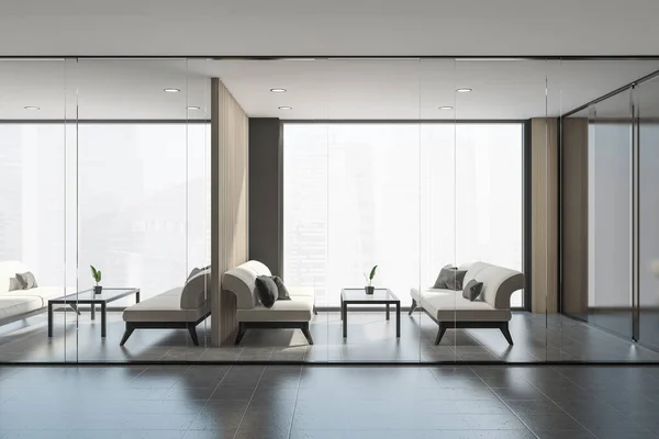 Dark Office Interior Reception Desk Side View Waiting Corner Armchairs ...