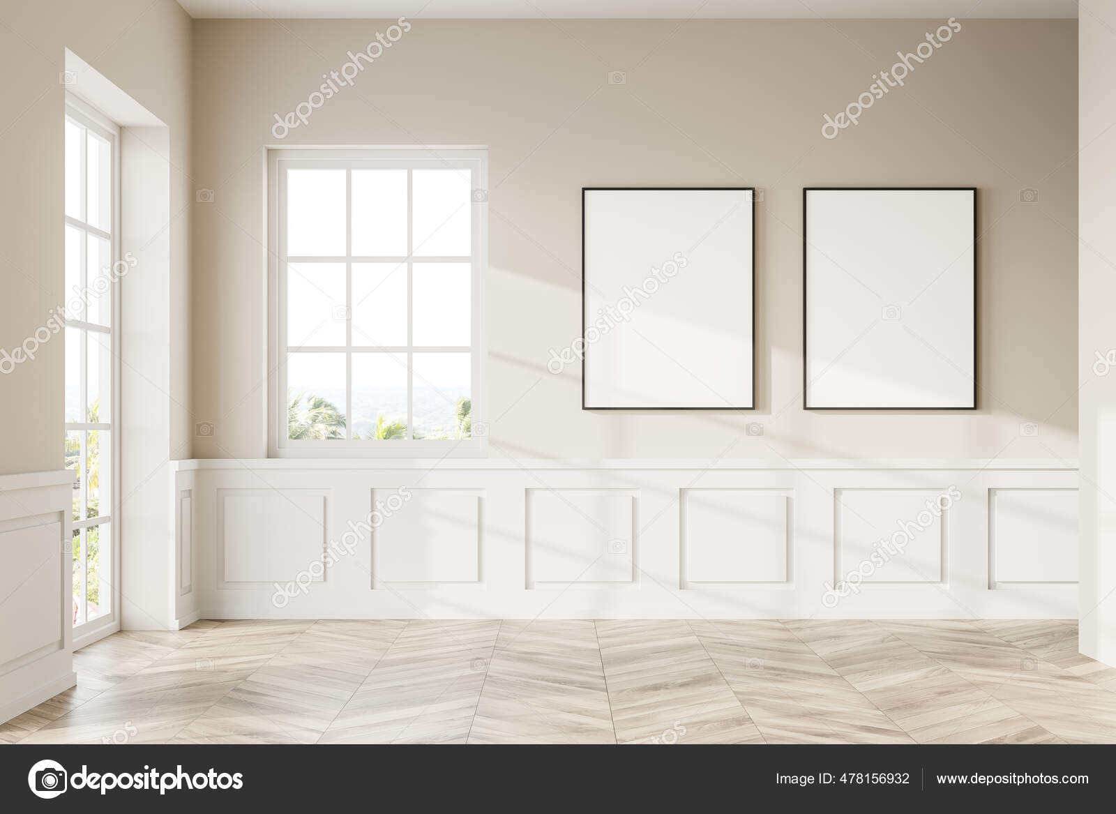 Interior Empty Room White Walls Wooden Floor Two Windows Two — Stock ...