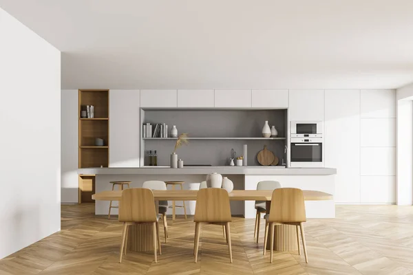 White Kitchen Interior Chairs Dining Table Hardwood Floor Front View ...