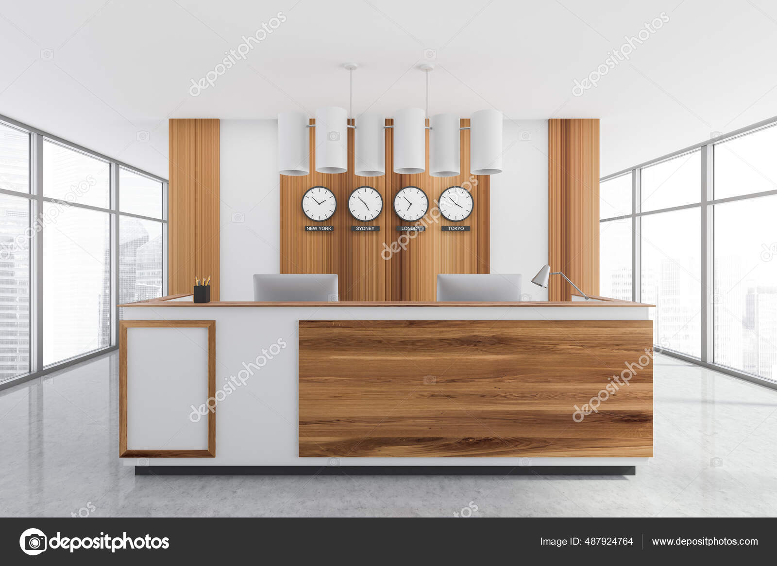 Modern Interior Reception Desk Clocks Showing World Time Two Workplaces ...