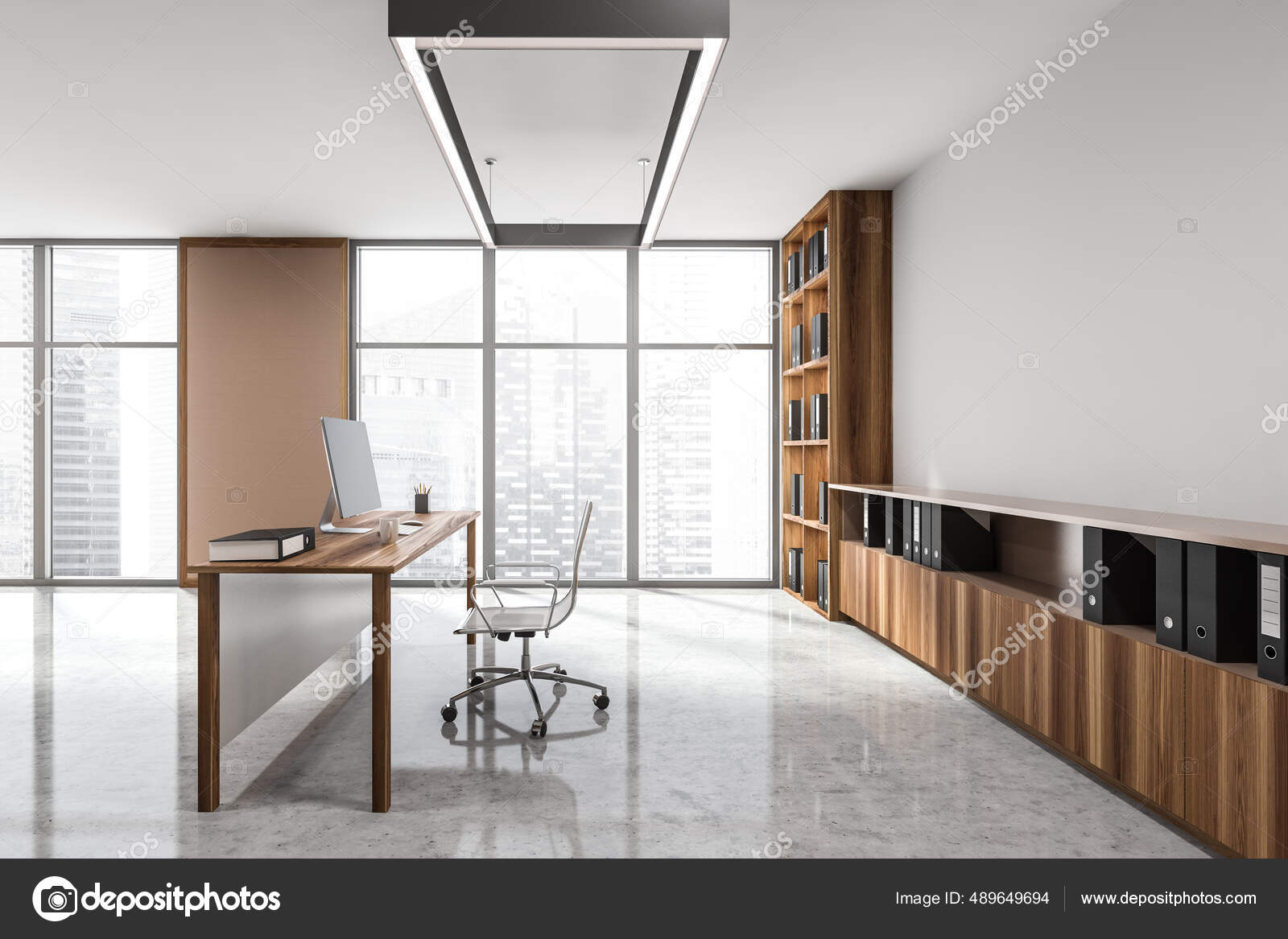 Luxury Panoramic Office Interior Table Rolling Chair Wooden Shelving ...