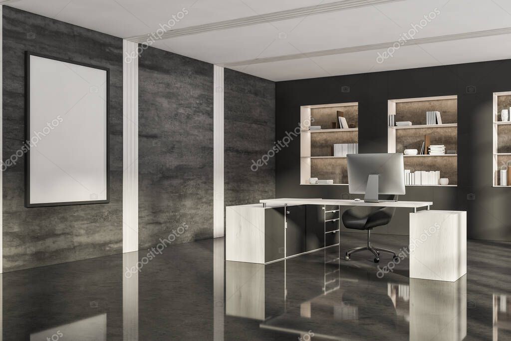 Vista de esquina en el interior de la habitación de la oficina oscura ...