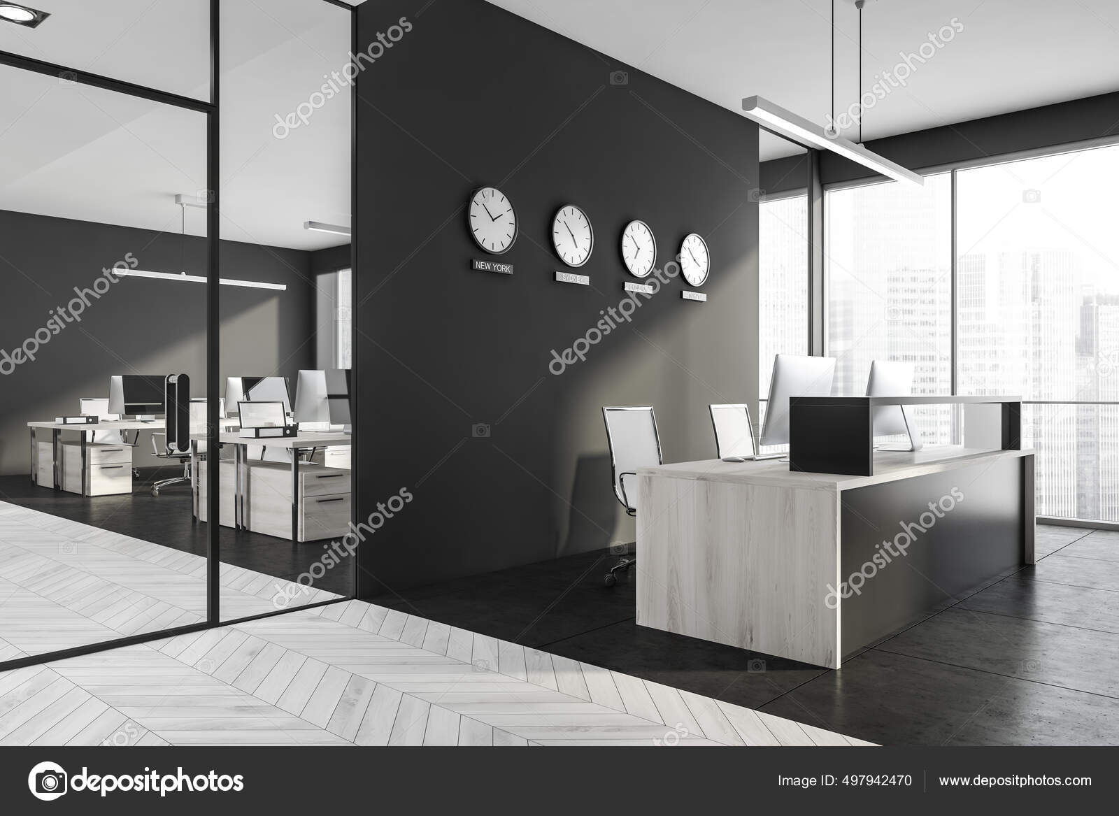 Dark Office Interior Reception Panoramic Window Singapore City ...