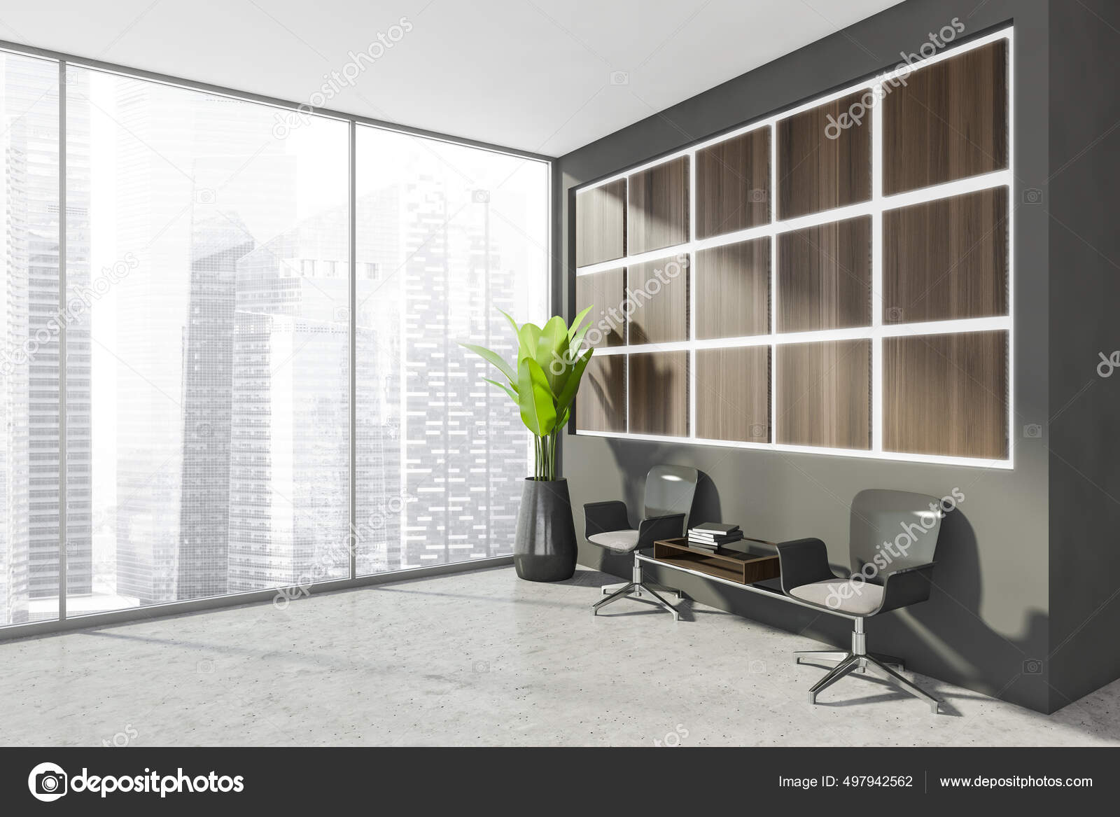 Panoramic Waiting Area Interior Dark Wood Panels Wall Concrete Floor ...