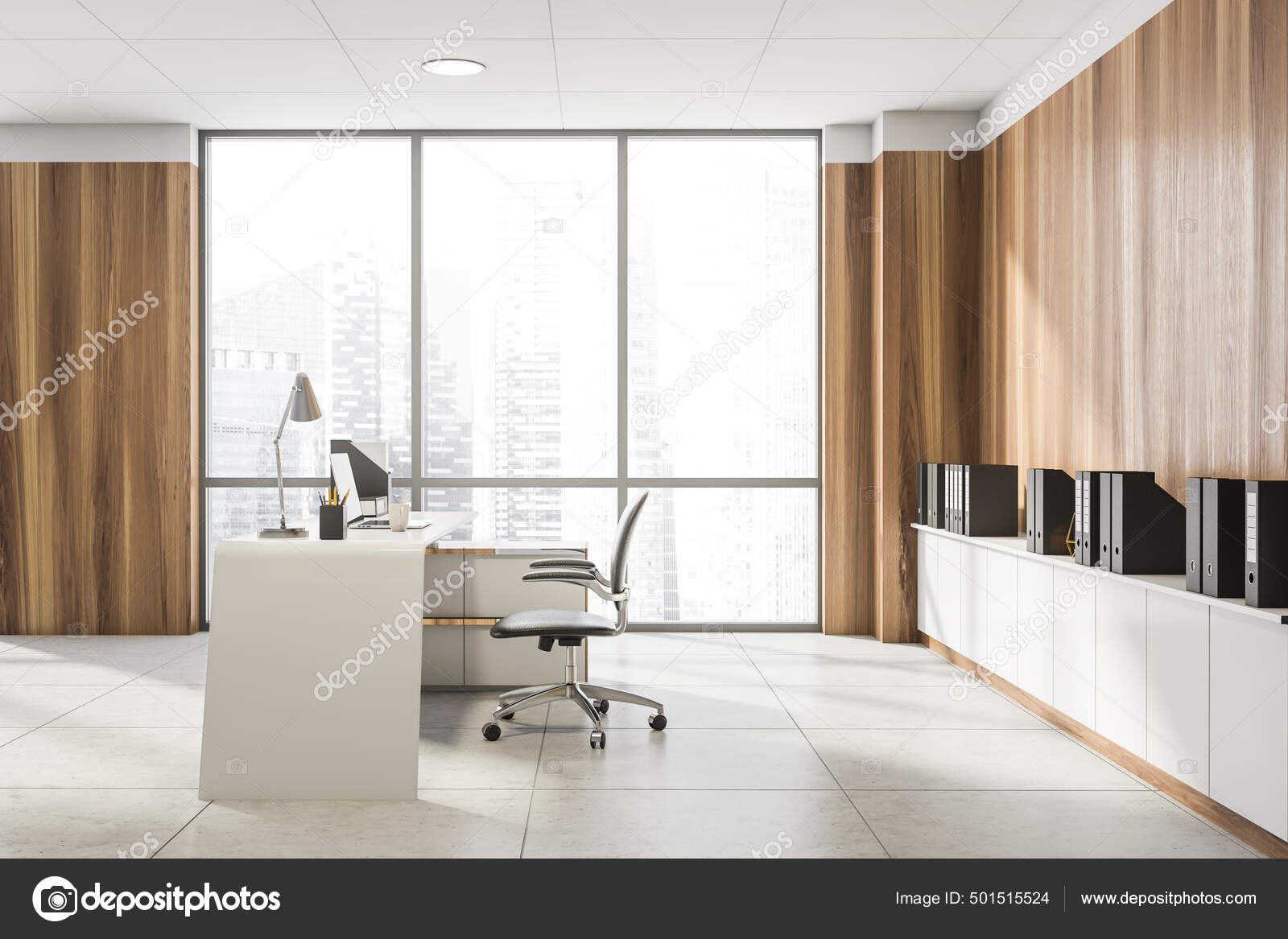 Side View Office Interior Panoramic Window City Skyscraper Laptop ...