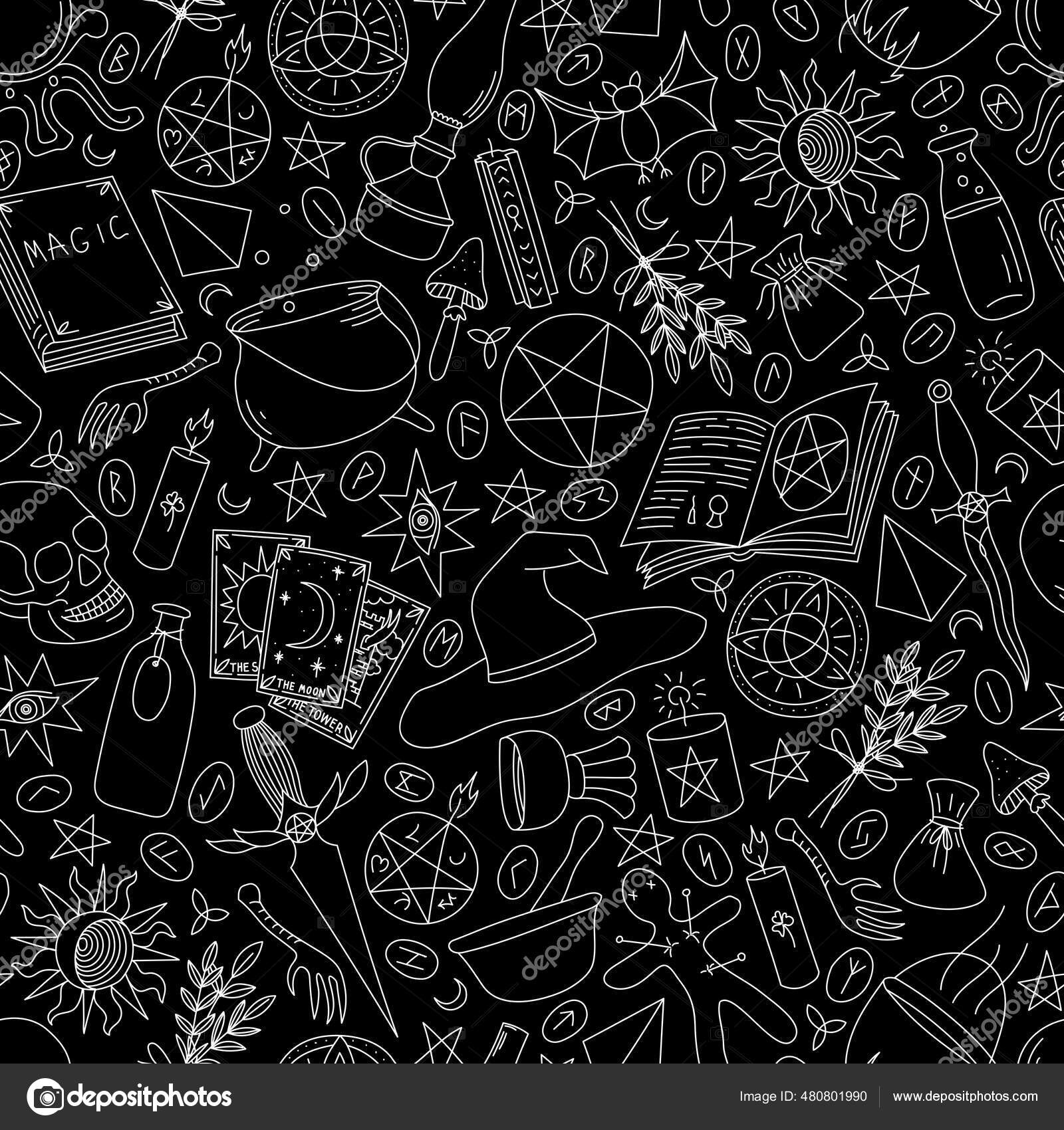 Seamless Pattern Magic Items Black Background Vector Stock Vector by ...