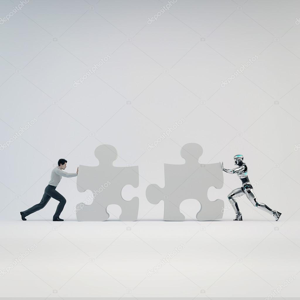 Robot and businessman man pushed part of the puzzle Stock Photo by ...