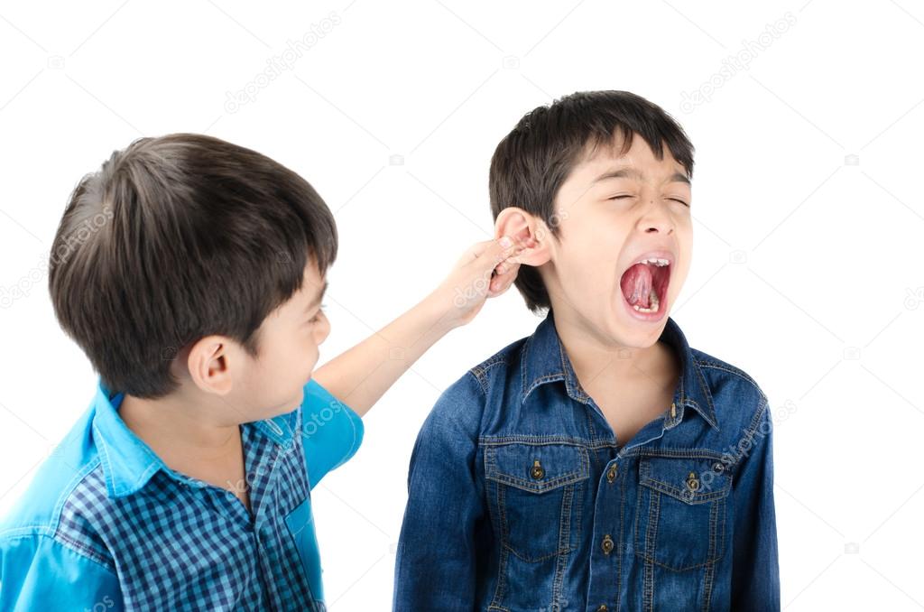 Little sibling boy fighting by pulling ear his brother on white Stock ...