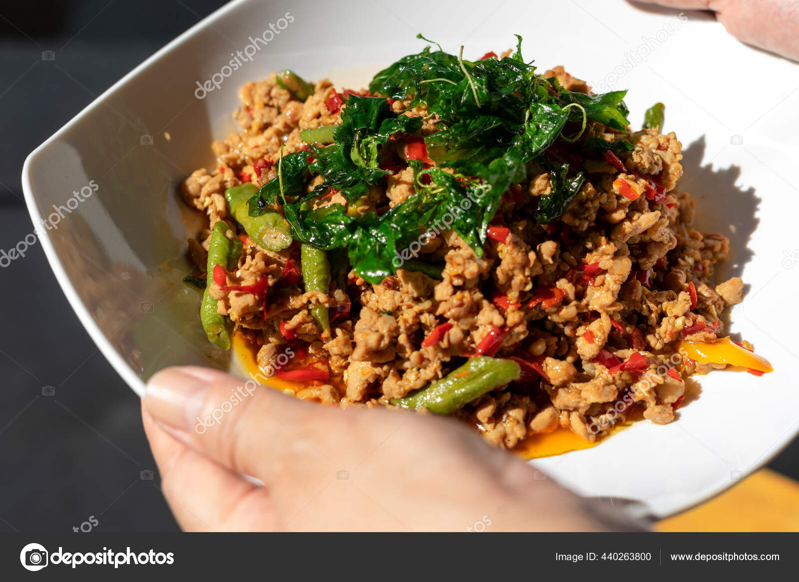 Pad Krapow Gai Thai Basil Chicken White Bowl Thai Local Stock Photo by ...