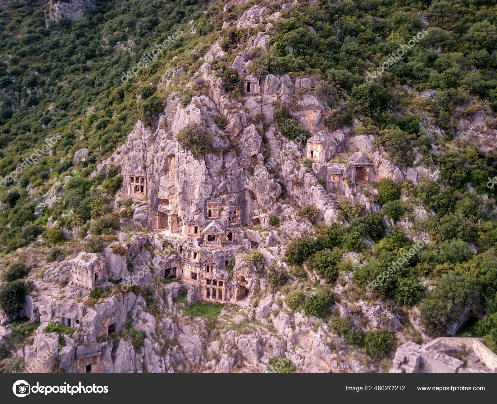 High Angle Drone Aerial View Ancient Greek Rock Cut Lykian — Stock ...