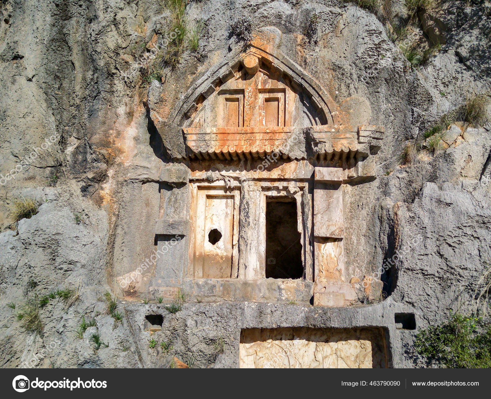 High Angle Drone Aerial View Ancient Greek Rock Cut Tombs — Stock Photo ...