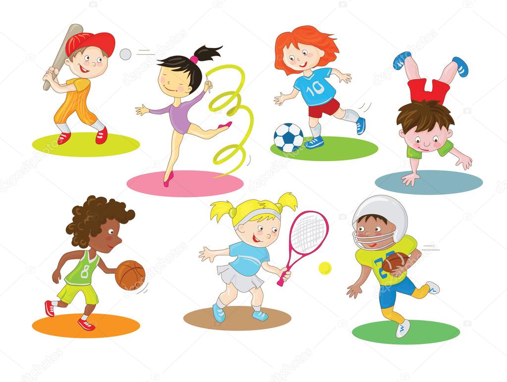 Happy healthy and active children playing indoor and outdoor sports ...