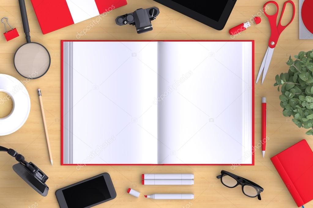 Open book with office objects and blank modern devices. — Stock Photo ...