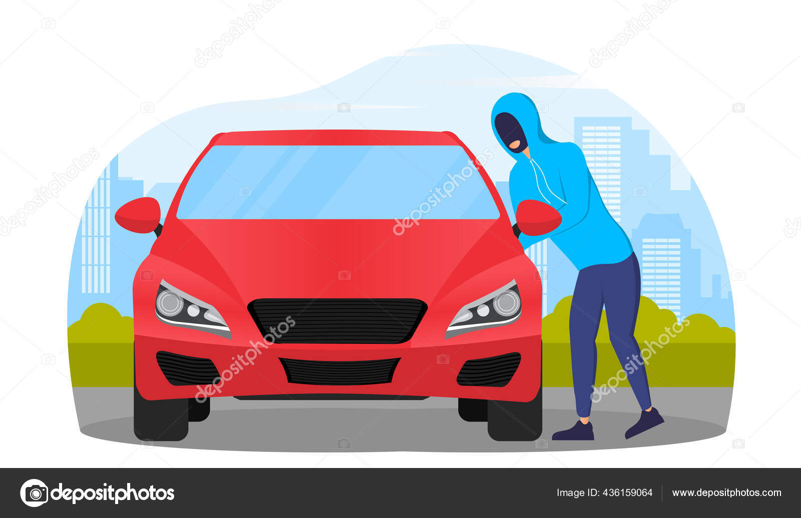 Ladrón en máscara negra robando coche rojo Vector de stock #436159064 ...