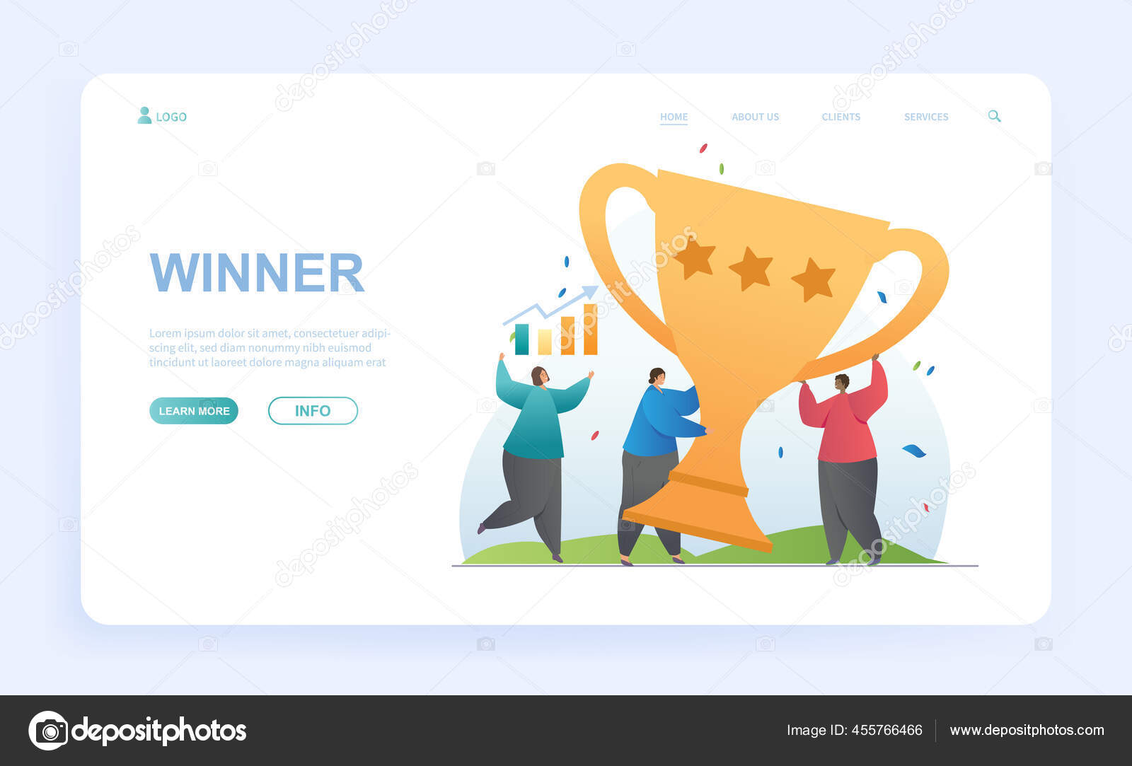 Male and female winners characters are lifting up golden trophy Stock ...