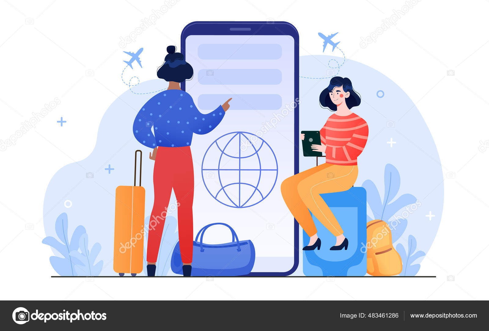 Two female characters are booking trip on smartphone together. Stock ...