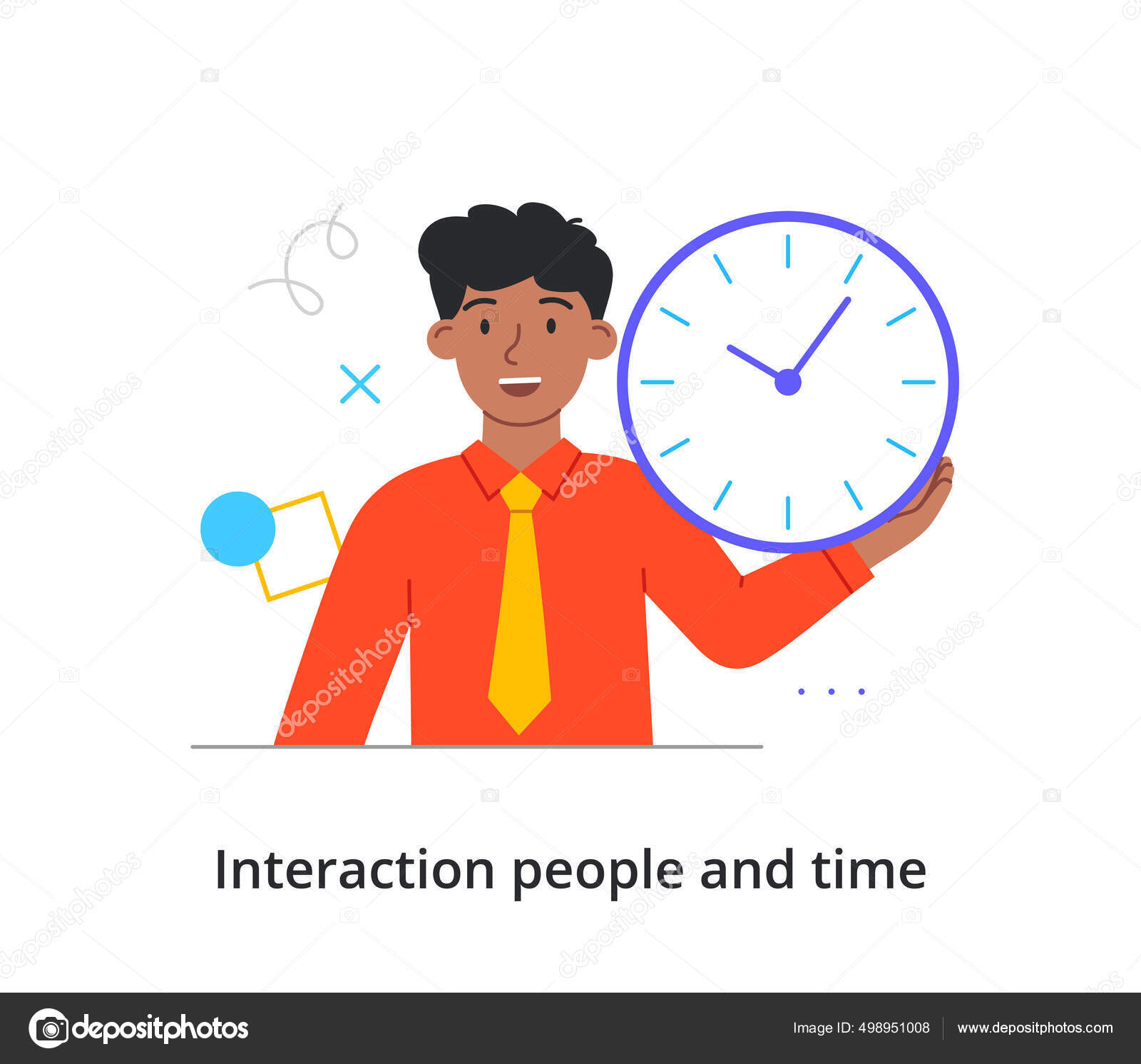 Smiling male character is holding time clock in hand on white ...