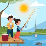 Father and son fishing in boat flat vector illustration. Daddy and ...