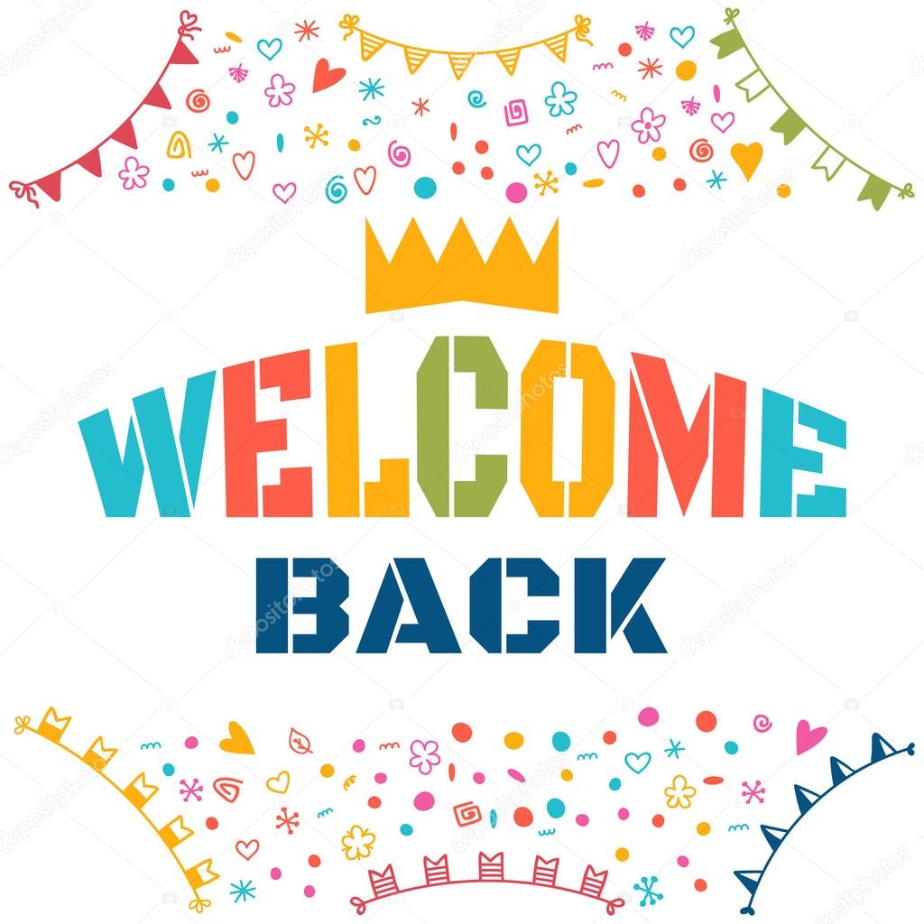 Welcome back text with colorful design elements. Cute postcard. — Stock ... Welcome back text with colorful design elements. Cute postcard. — Stock ...