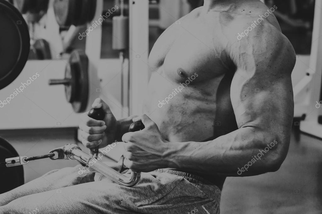 Muscular man in the gym. Work on the arm muscles. Training on a ...