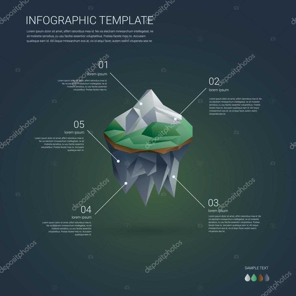 Business infographics template. Low poly floating island with mountain ...