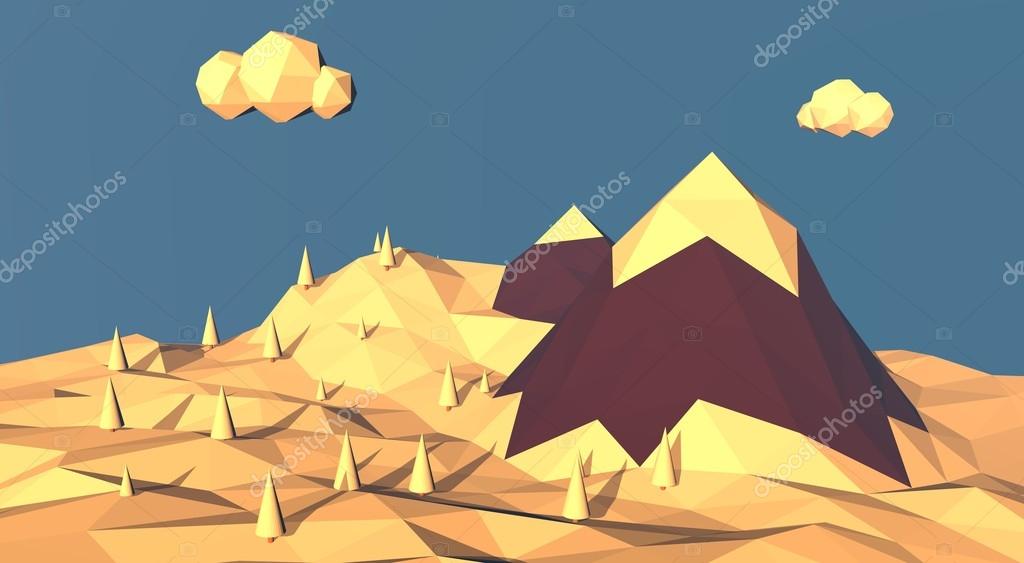 Low poly mountain winter landscape. Snow on top of hills and forests ...