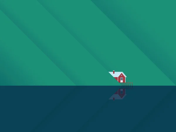 Red lake house under mountains with water surface reflection ...