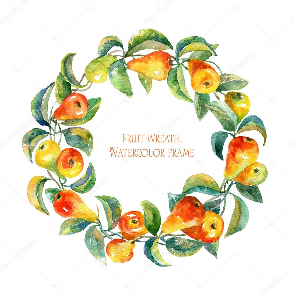Wreath of pears.Round frame. Watercolor pears. Stock Illustration by ...