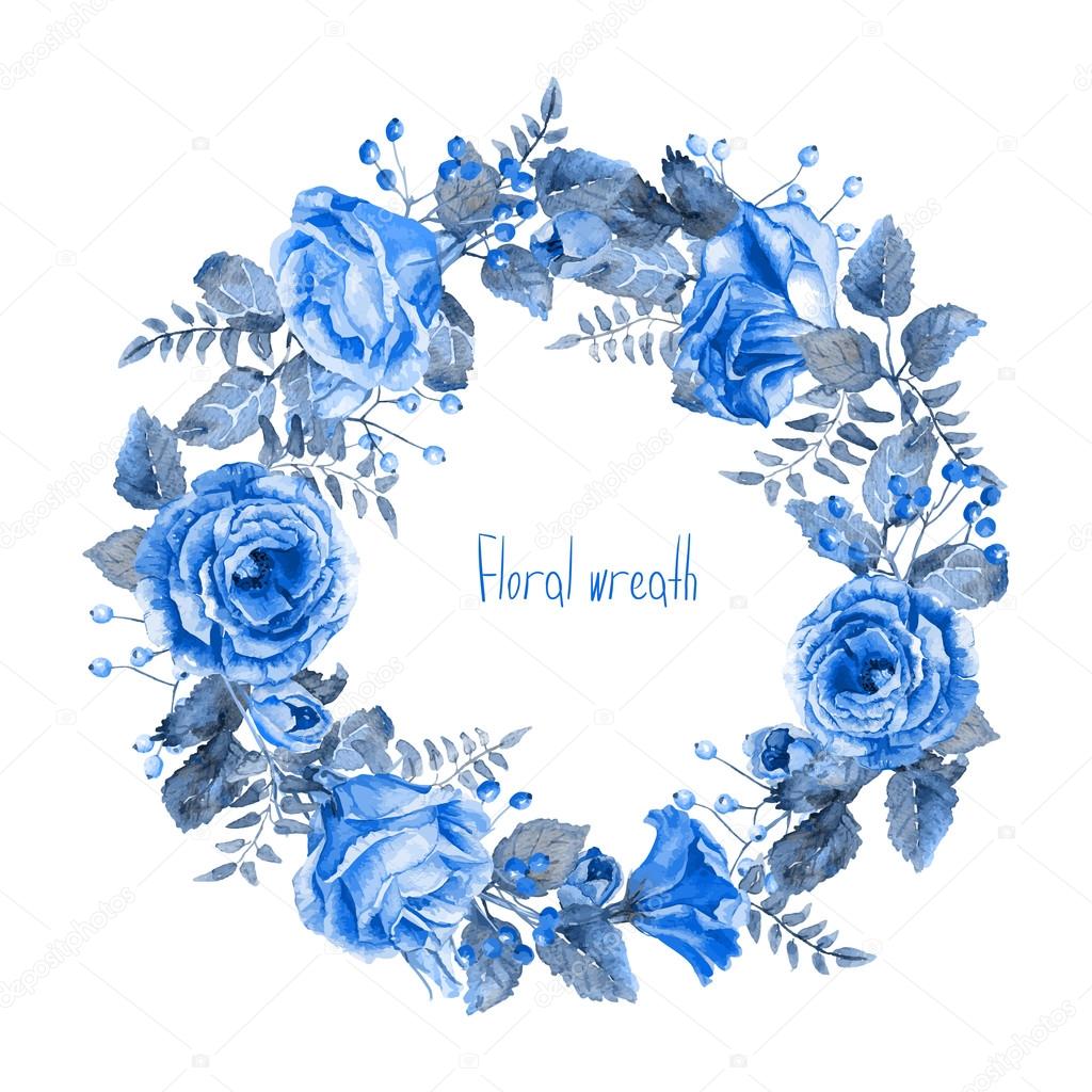 Vector round frame of blue watercolor roses and berries. — Stock Vector ...