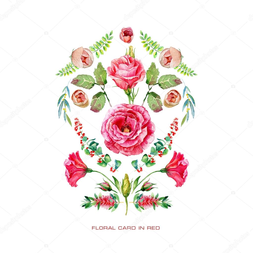 Symmetric card with red watercolor flowers. Stock Photo by ©inna73 92655662