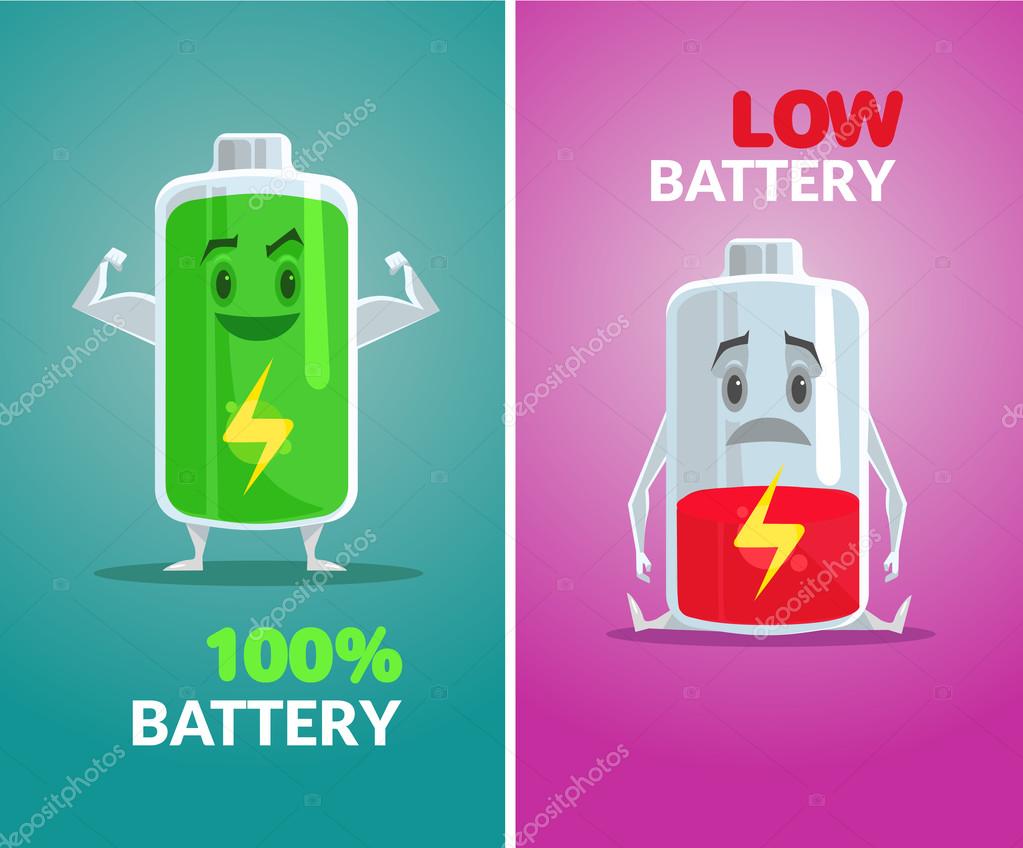 Batería baja y batería completa. Ilustración plana del vector 2024