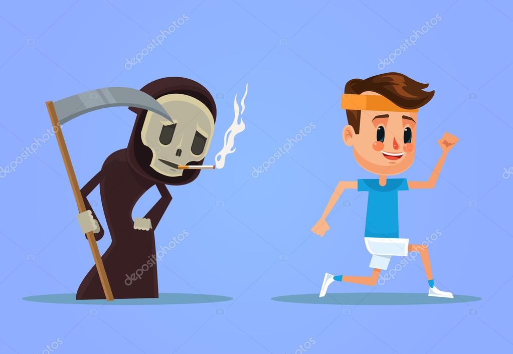 Healthy man run away from smoking death. Vector flat cartoon ...