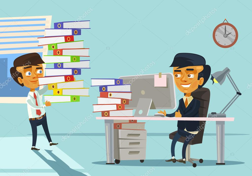 Happy worker has many works. Vector flat cartoon illustration Stock ...