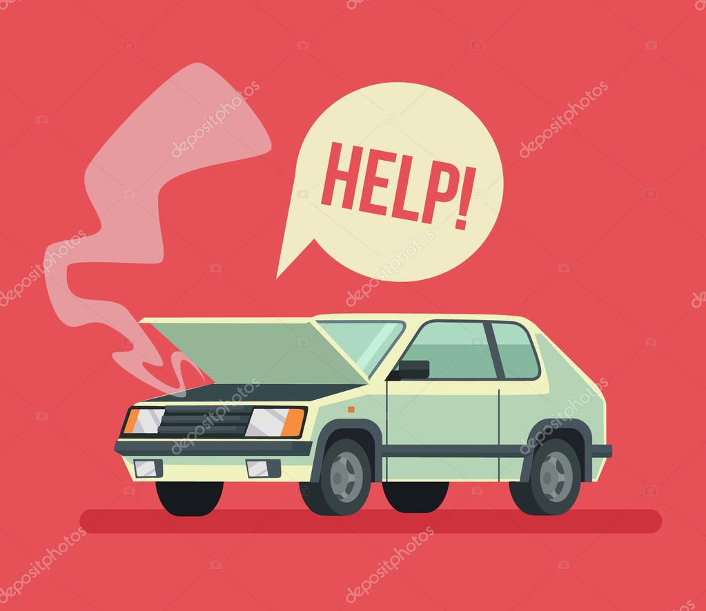 Coche roto. Accidente de tráfico. Coche con capucha abierta. Vector ...
