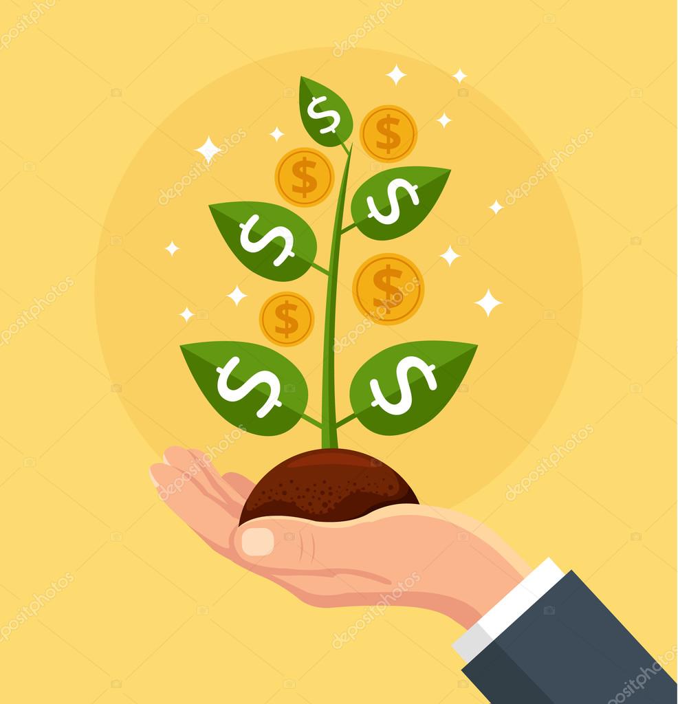 Vector finance concept. Money tree in hand. Investing money. One hand ...
