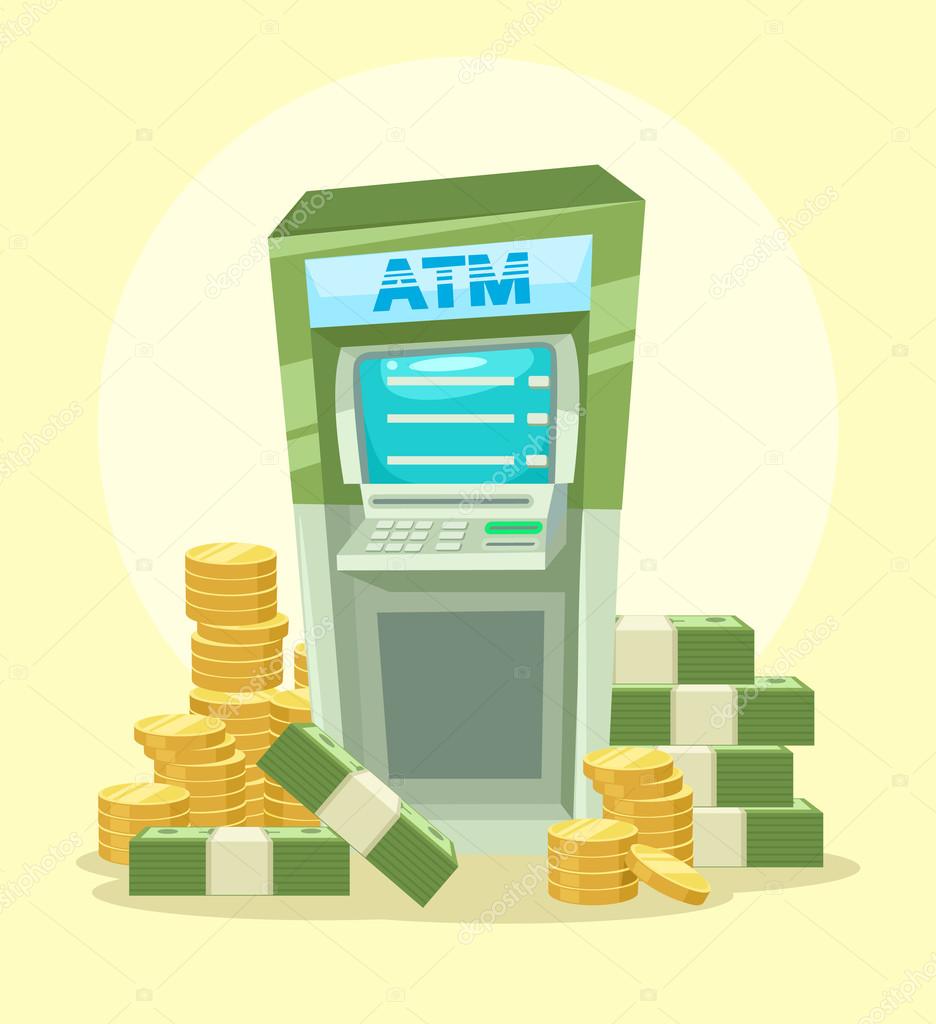 Cartoon atm machine | Cartoon ATM machine with money. Vector flat ...