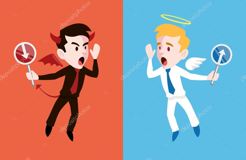 Ángel y diablo. Vector plano ilustración de dibujos animados 2023