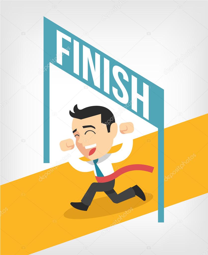 Empresario corriendo en la línea de meta. Ilustración plana del vector 2024