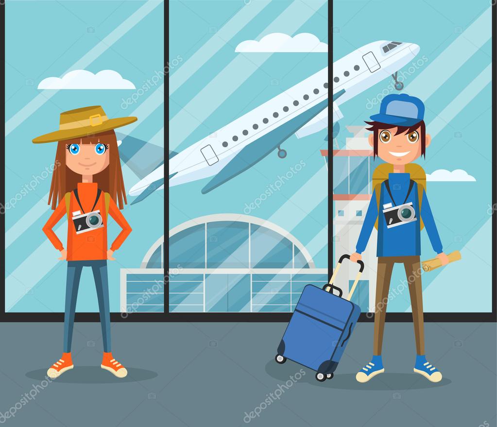 People in airport terminal. Vector flat cartoon illustration — Stock ...