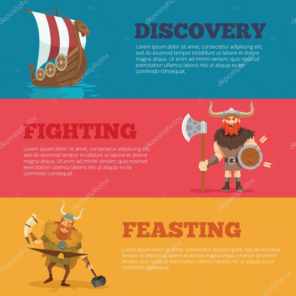 Conjunto de pancartas horizontales vikingas. Vector plano ilustraci n de dibujos animados 2024