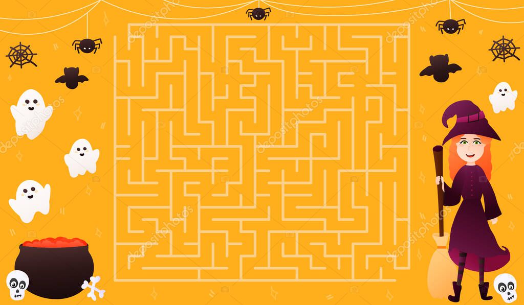 Colorido laberinto de halloween con estilo de dibujos animados bruja y ...
