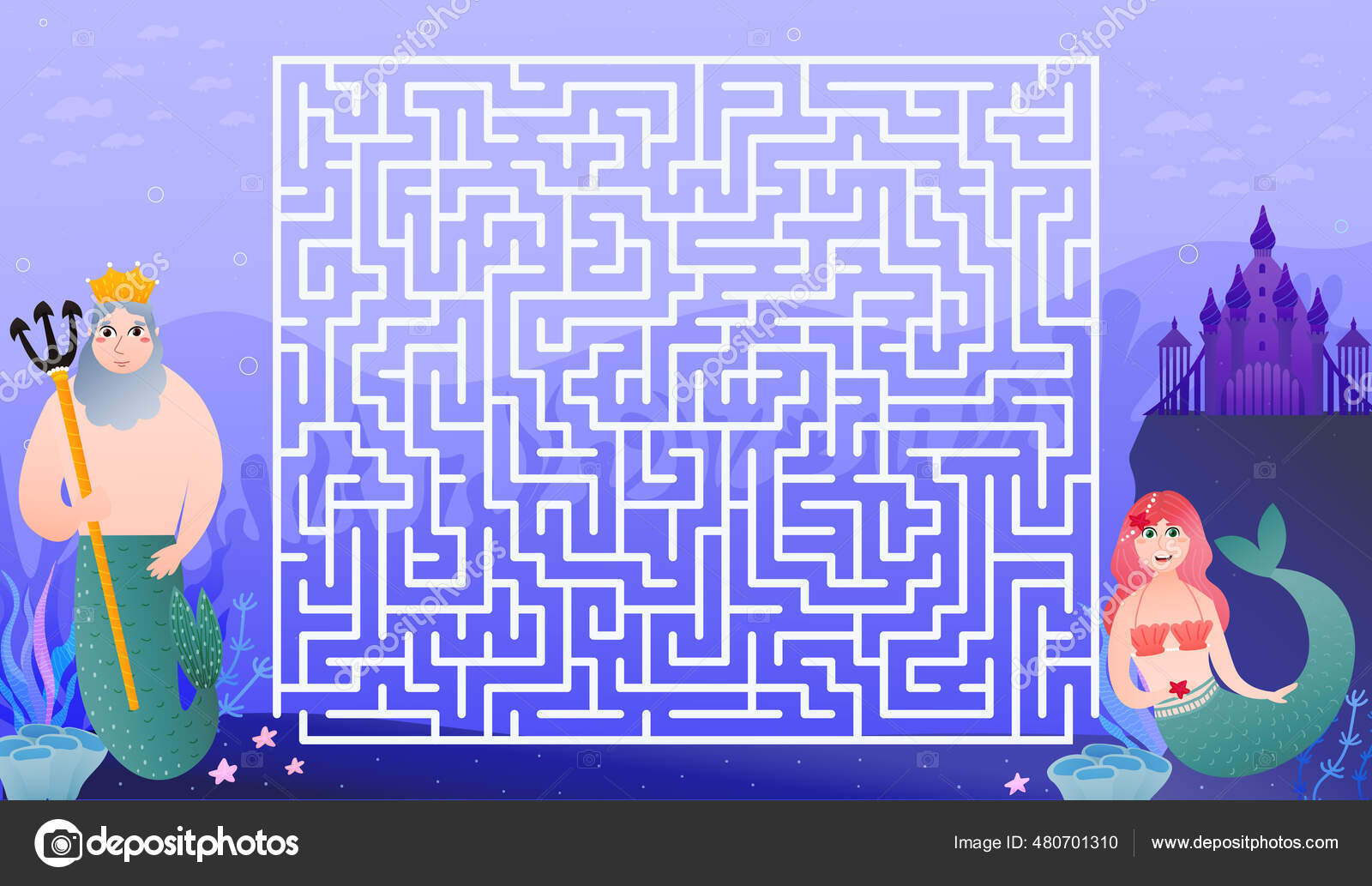 Underwater Life Children Labyrinth Worksheet Cute Mermaid Mairman ...