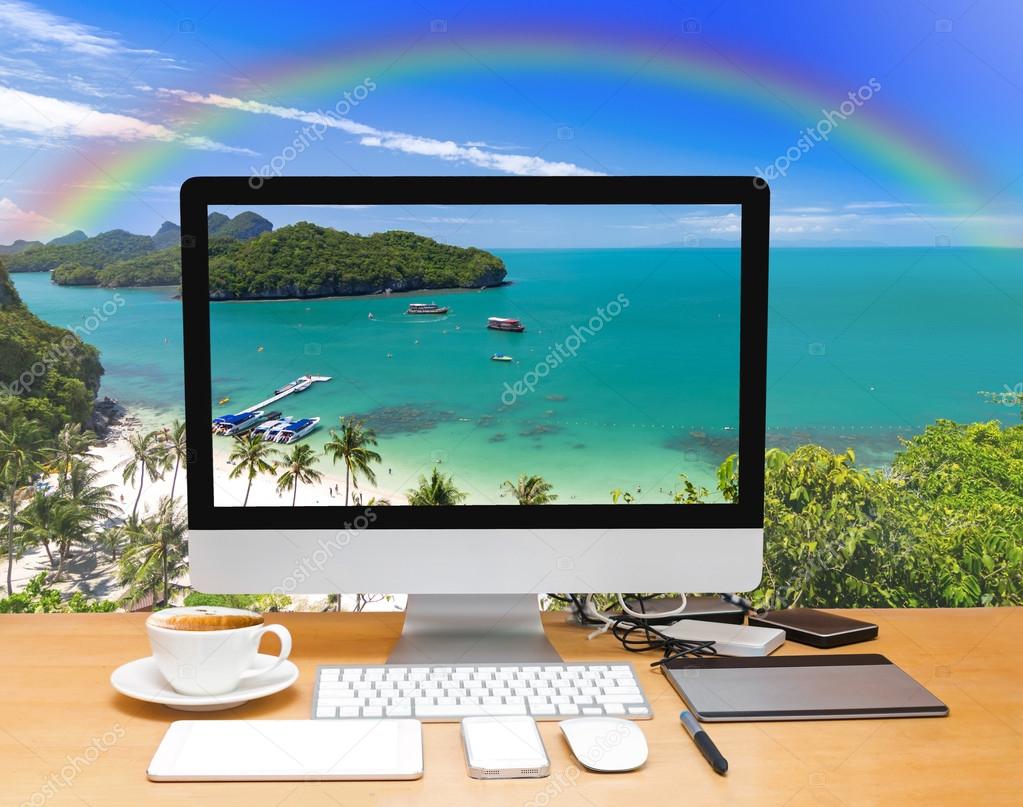 Workspace with computer desktop — Stock Photo © Tzido #116311846