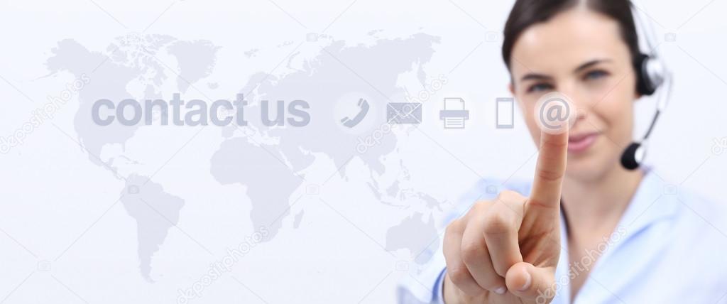 Contact us, customer service operator woman with headset — Stock Photo ...