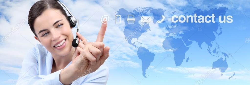 Contact us, customer service operator woman with headset smiling ...