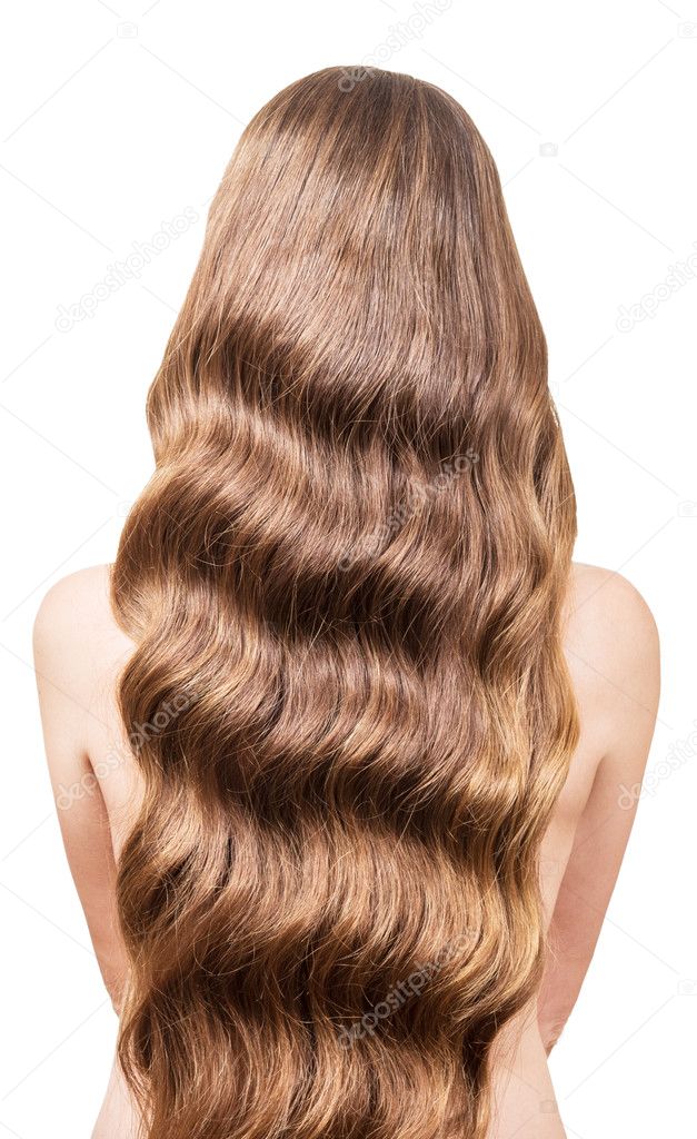 Beautiful, flowing long wavy hair on back young girl. Isolated white ...